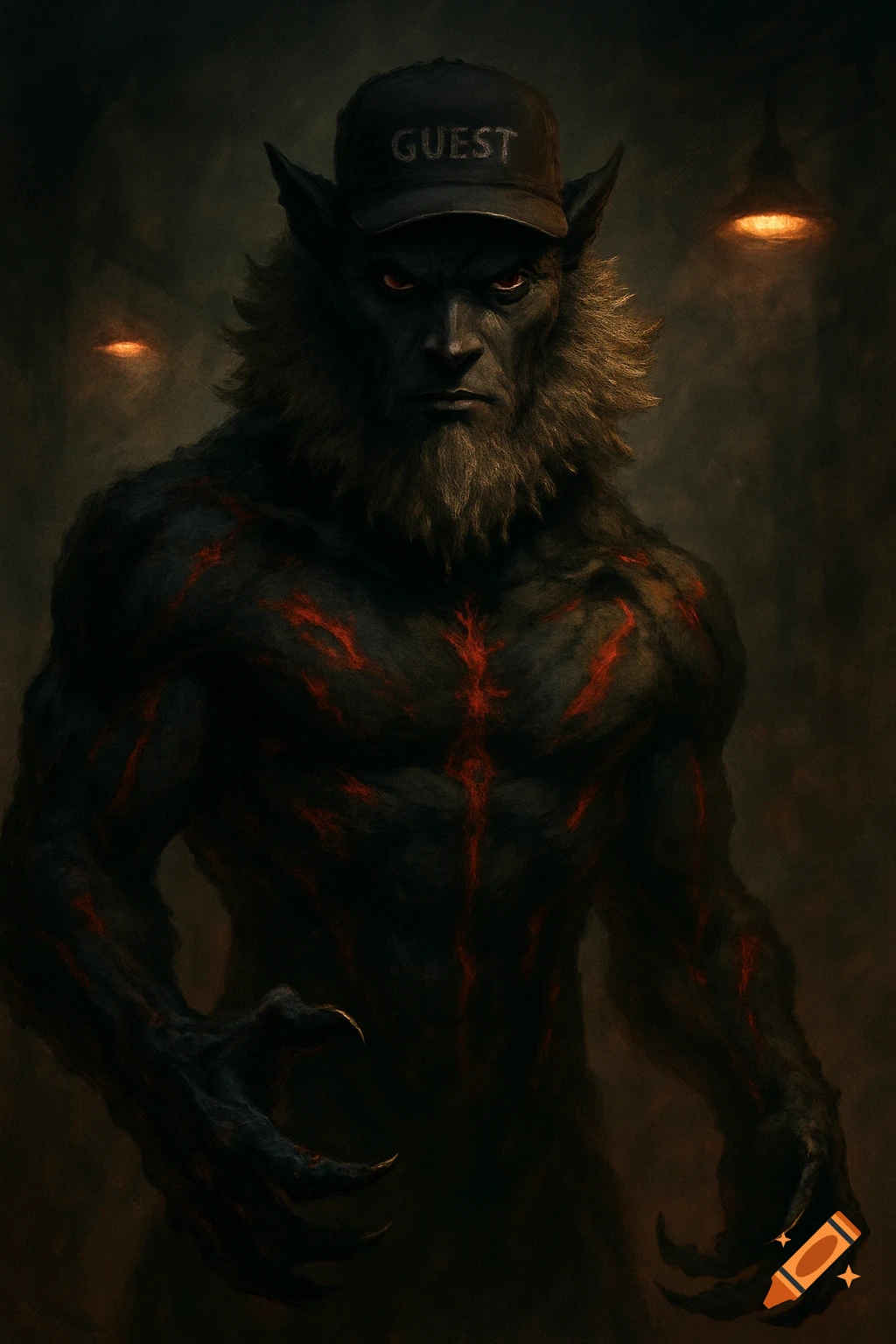 A dark fantasy digital painting of a menacing beast-like human with ...