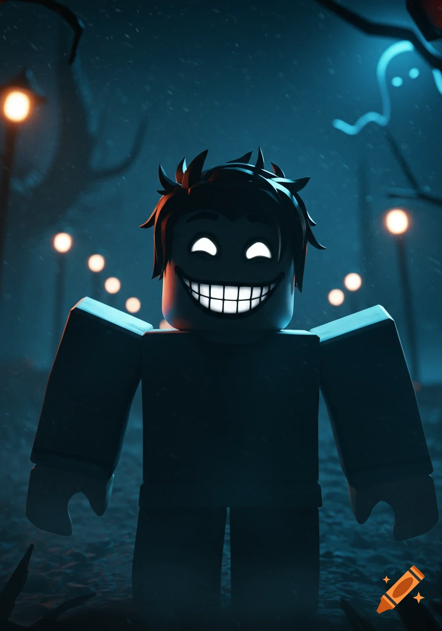A shadowy Roblox character with glowing eyes and a creepy grin stands ...