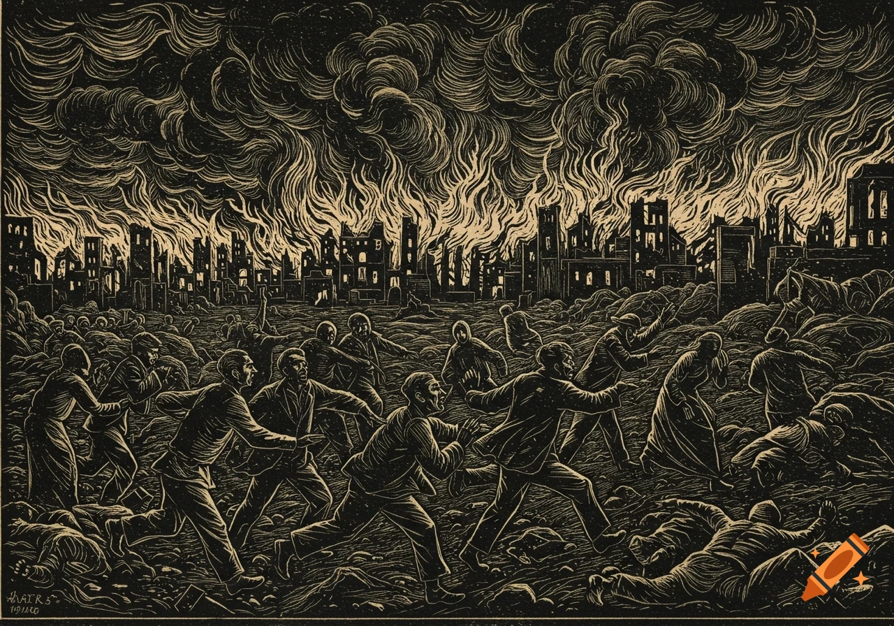Woodcut print of people running from a burning city under a sky filled ...