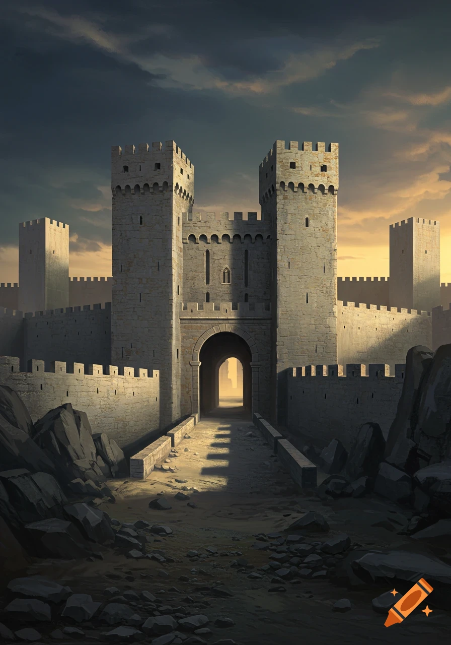 A towering medieval stone castle with two square towers flanking an ...