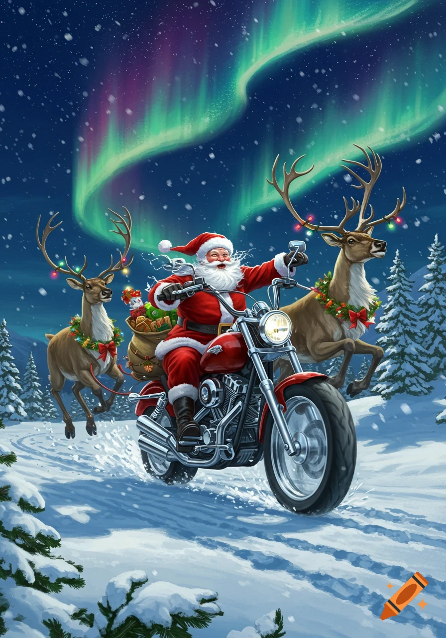 Santa Claus rides a red motorcycle through a snowy landscape, pulled by ...
