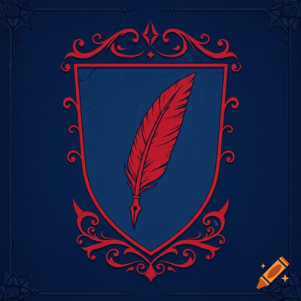 A red stylized cardinal quill on a blue heraldic shield with a red ...
