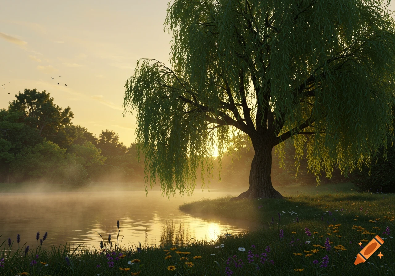 A serene weeping willow tree stands by a misty lake at sunrise, with ...