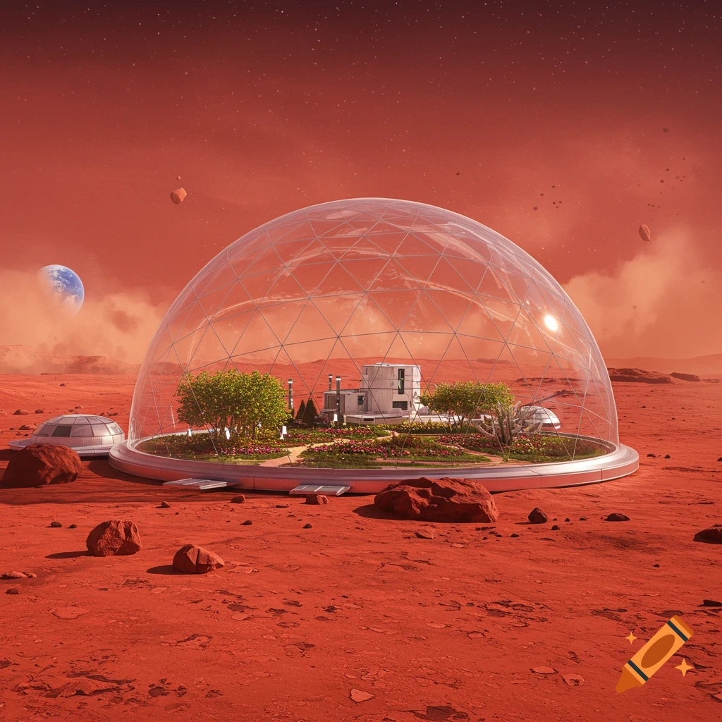 A large transparent dome encloses a green habitat with buildings and ...