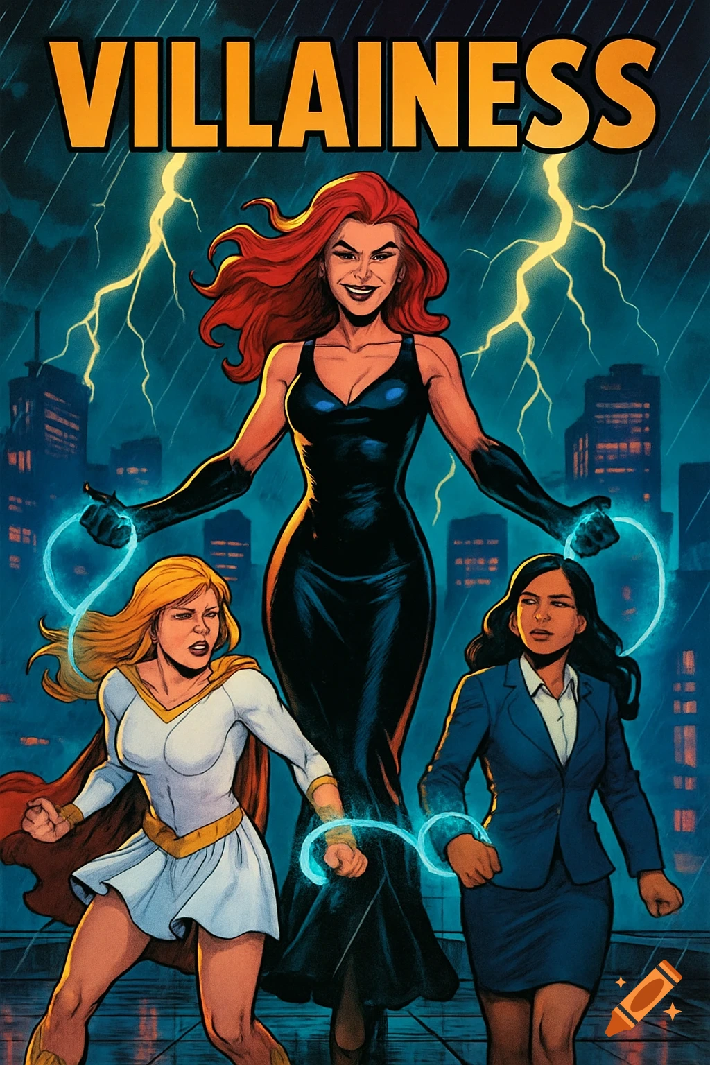 A comic book cover showing a red-haired villain holding a blonde ...
