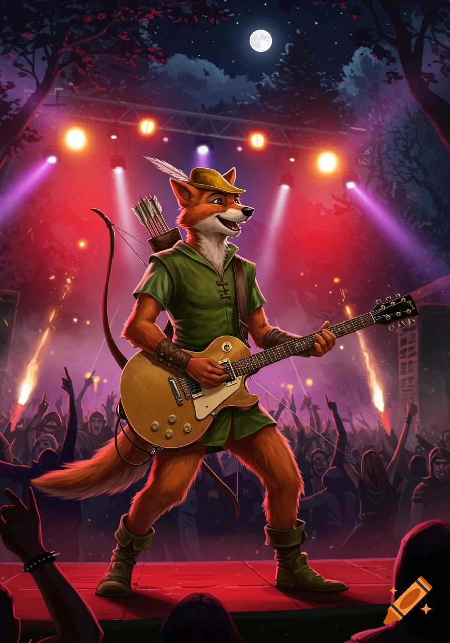 An anthropomorphic fox dressed as Robin Hood plays an electric guitar ...
