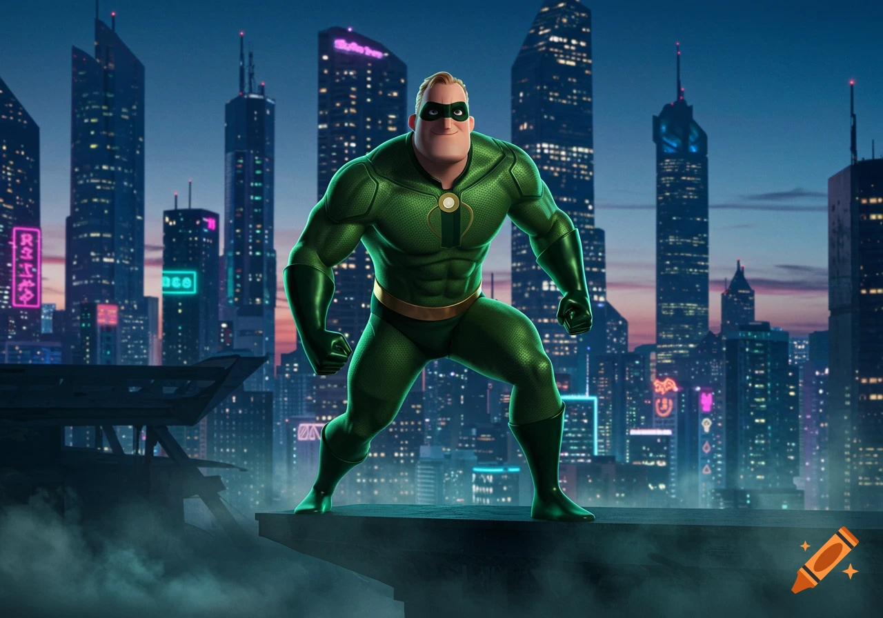A cartoon superhero resembling Mr. Incredible in a green suit and mask ...