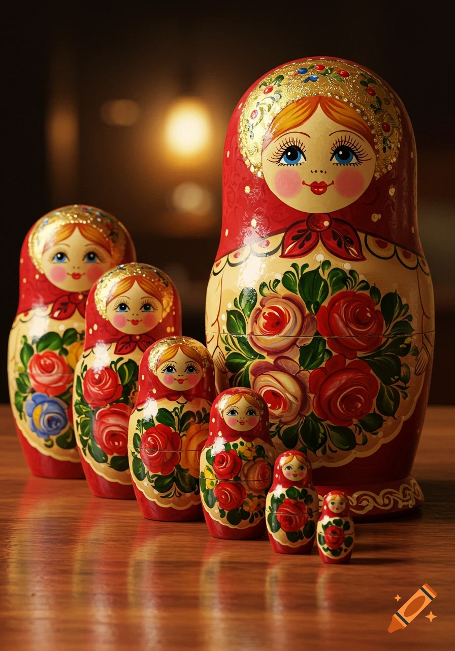 A line of six traditional red and gold Russian nesting dolls ...