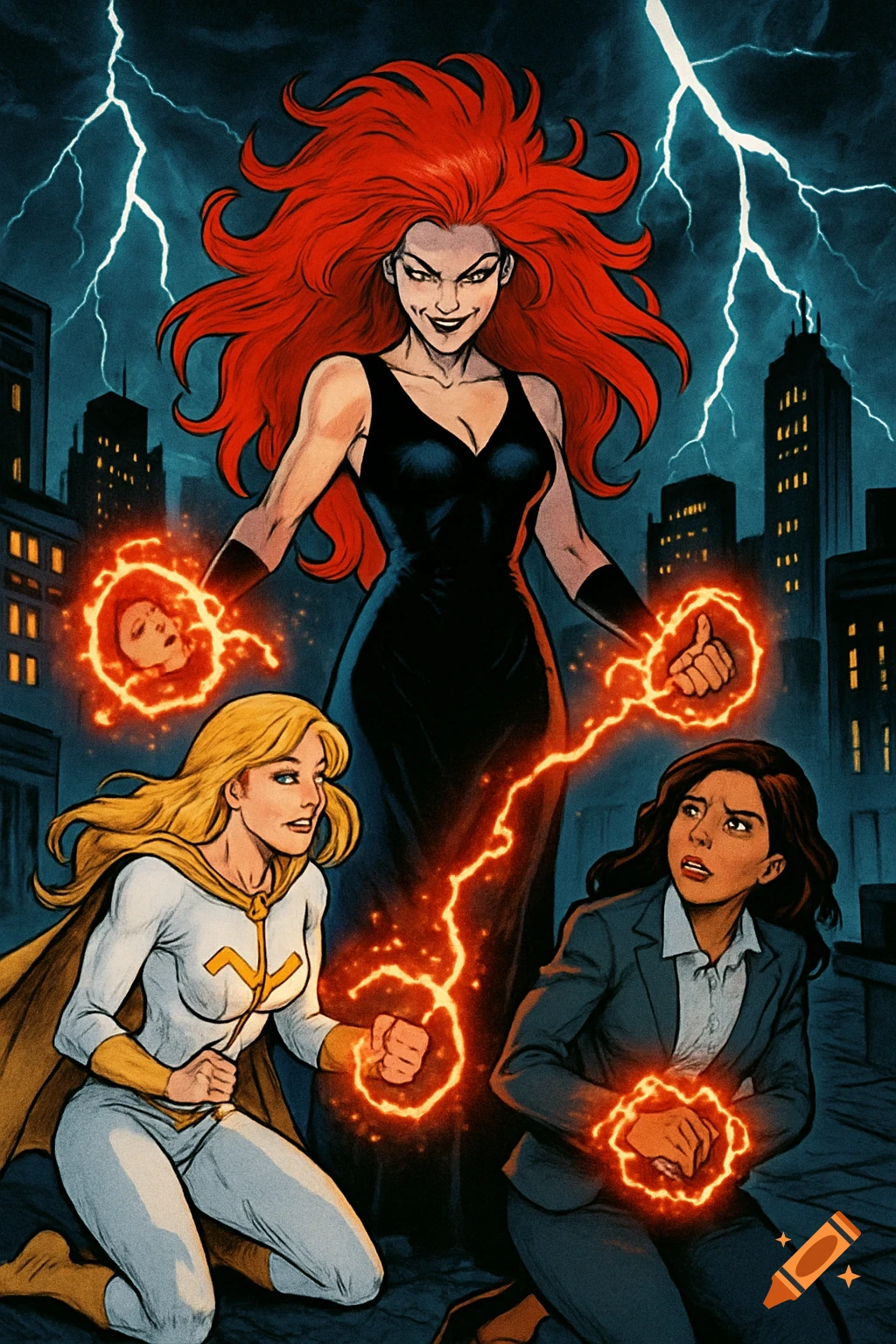 A comic book cover shows a red-haired villain standing triumphantly ...