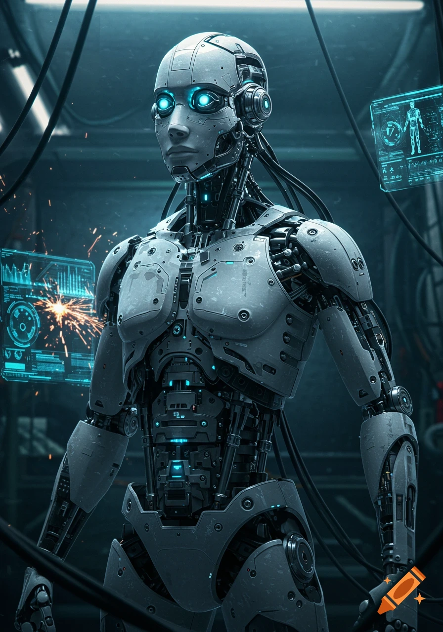 A detailed, human-sized cyborg with glowing blue eyes stands in a ...