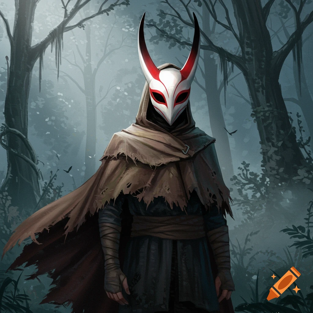 A robed figure wearing a white and red horned mask stands in a misty ...