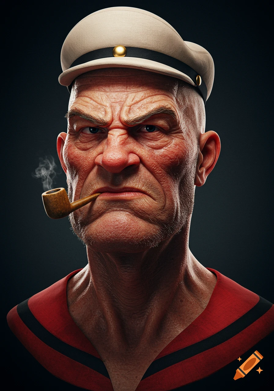 Hyperrealistic close-up portrait of Popeye the Sailor, grimacing with a ...