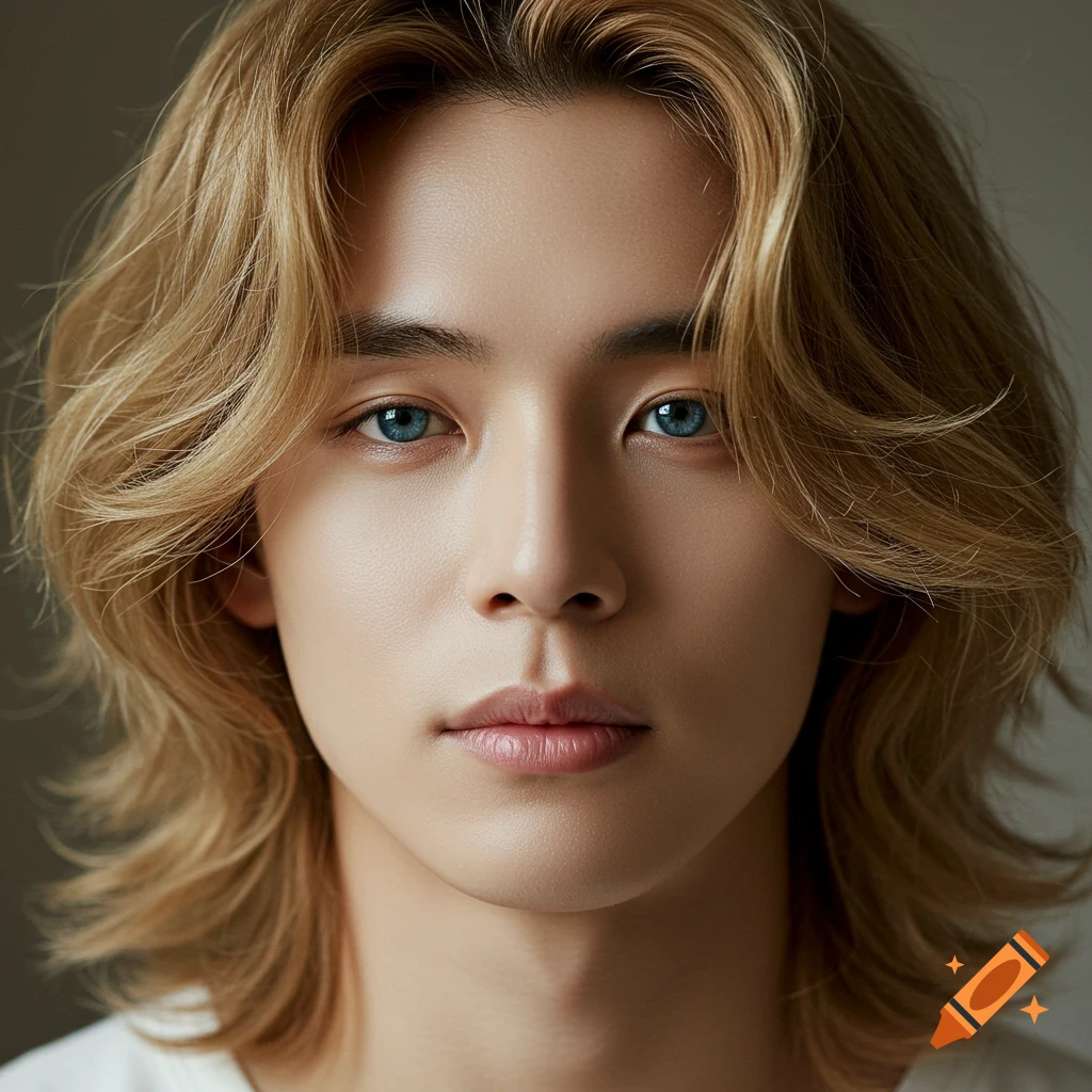 A photorealistic portrait of a Korean man with wavy blonde hair, blue ...
