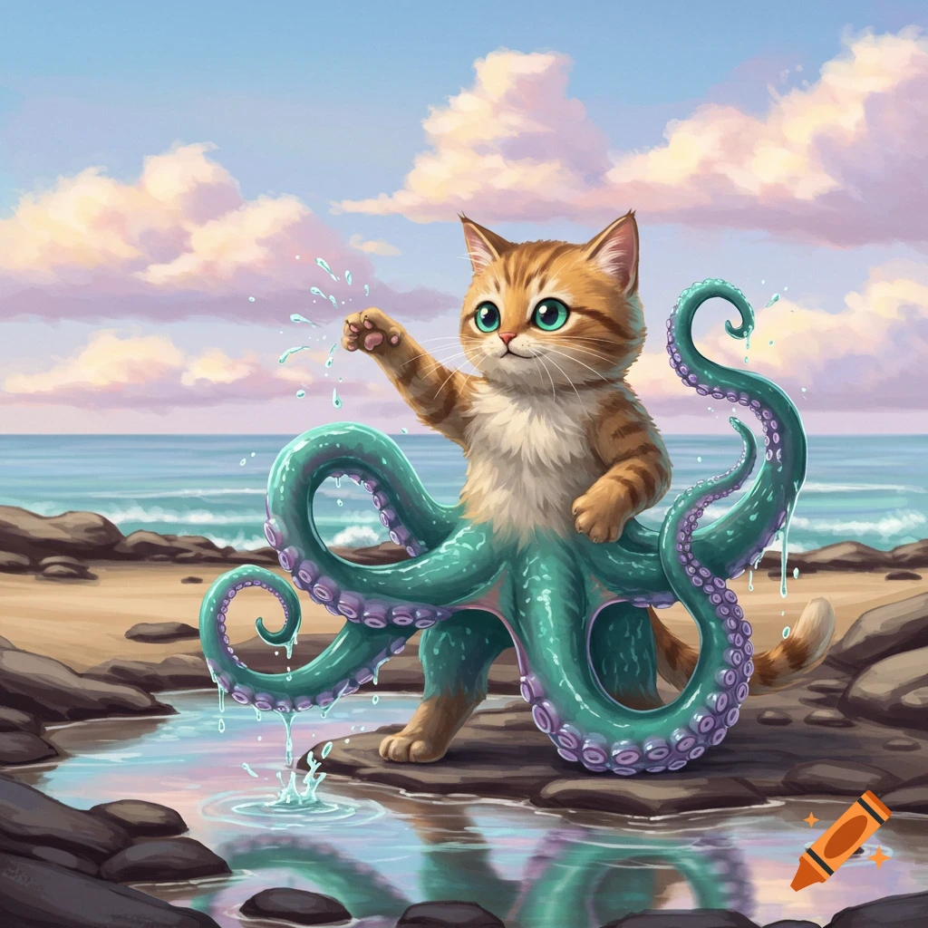 A cute orange tabby cat with green octopus tentacles for hind legs ...