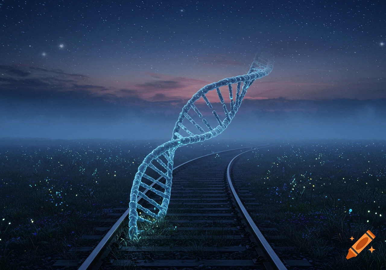 A glowing blue DNA strand rises from railway tracks in a misty field ...