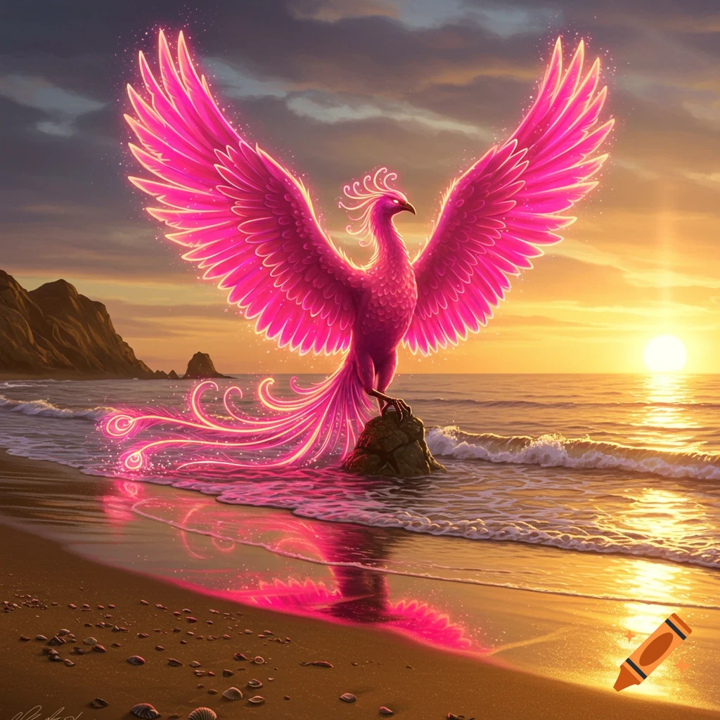 Vibrant neon pink phoenix with glowing wings stands on a rock on a ...