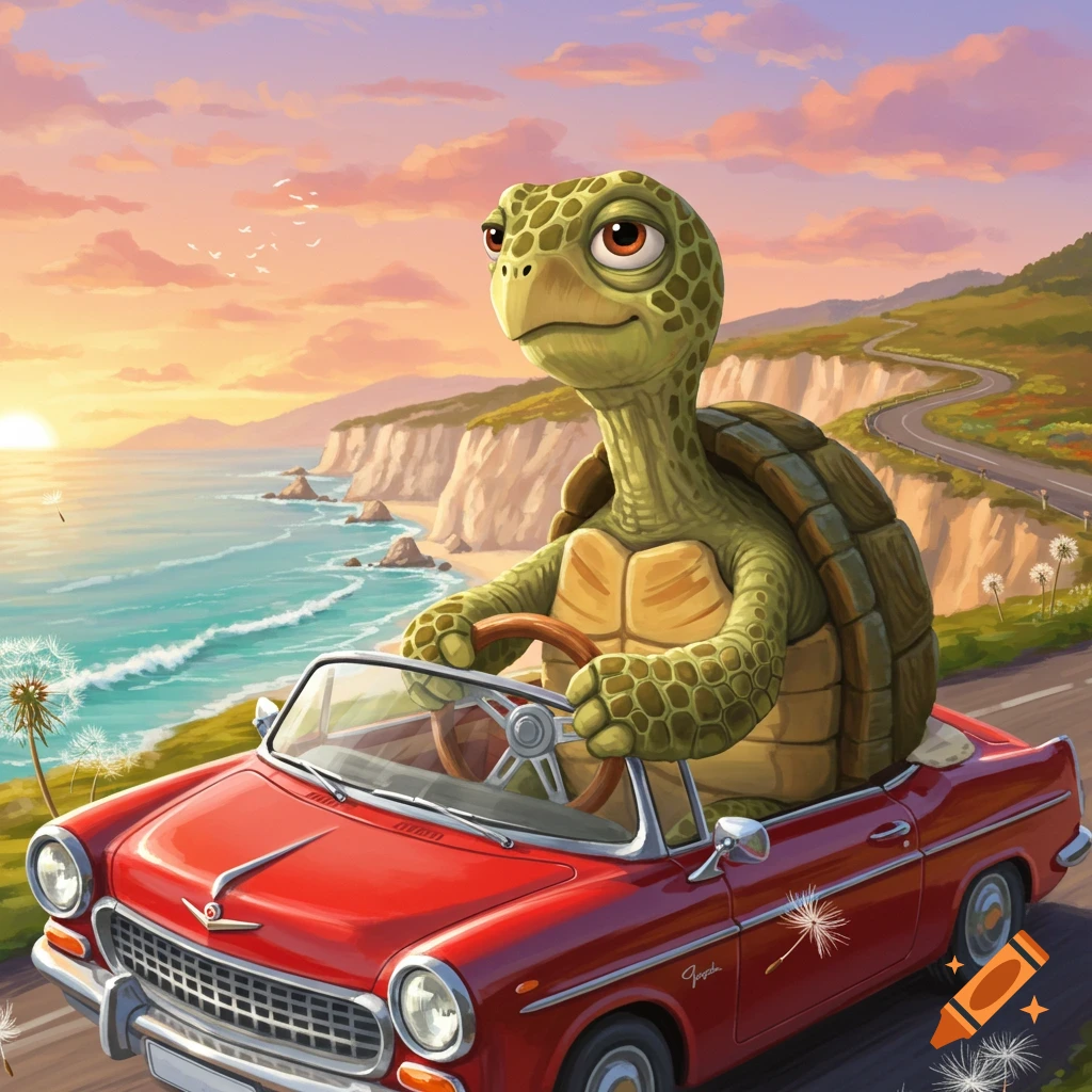 A cheerful cartoon turtle drives a red convertible along a scenic ...