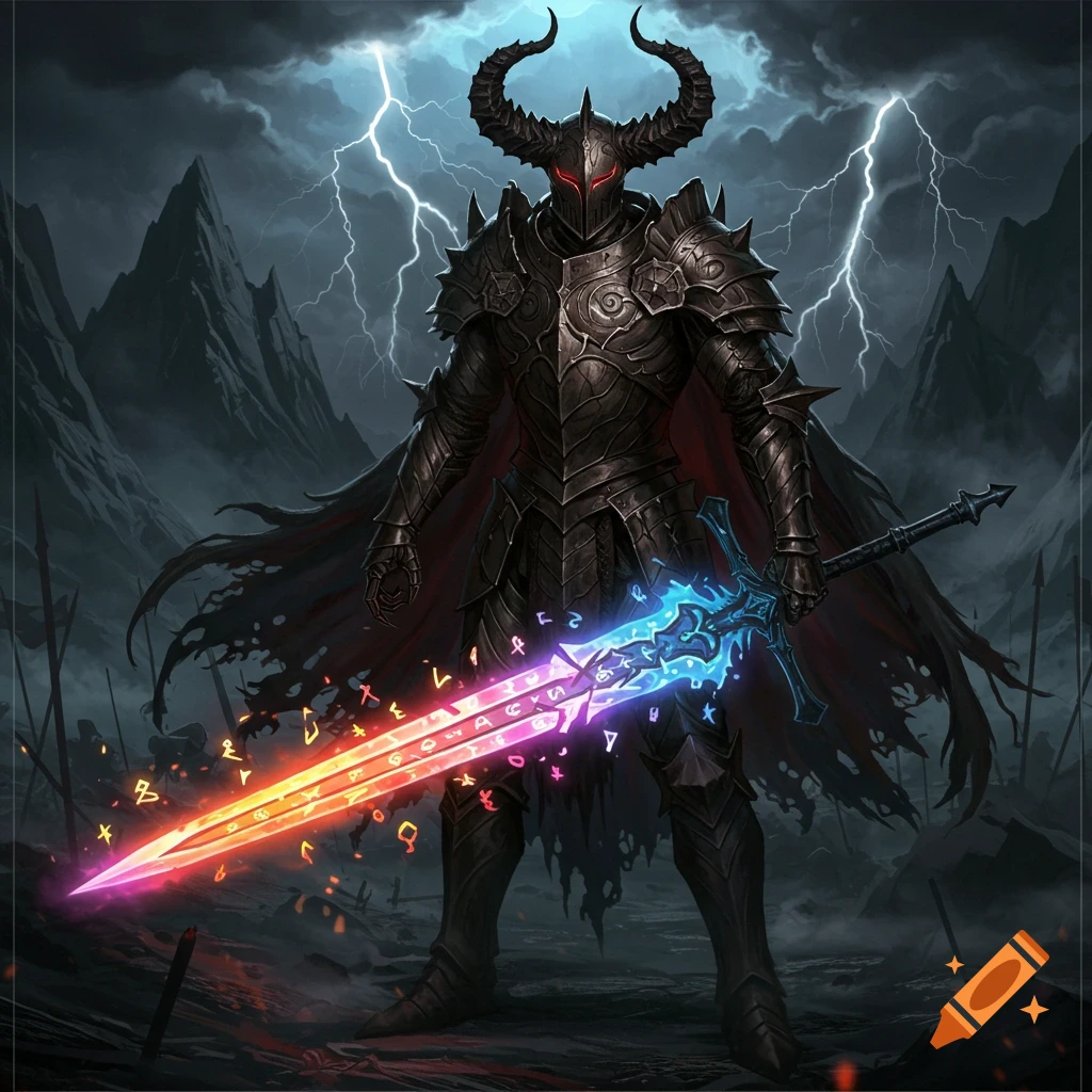 A dark armored knight with horns stands in a stormy, mountainous ...