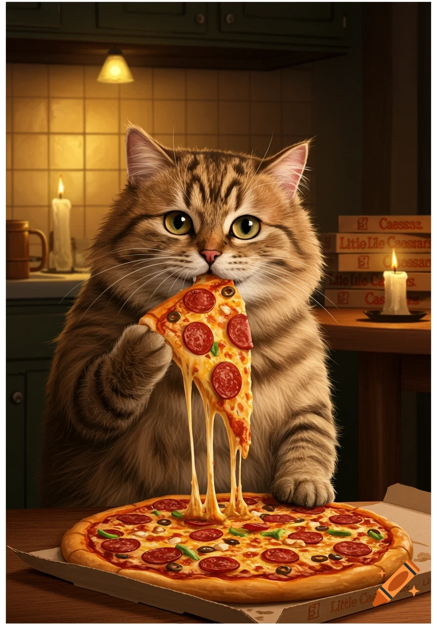 A fluffy tabby cat sits at a table in a dimly lit kitchen, taking a ...