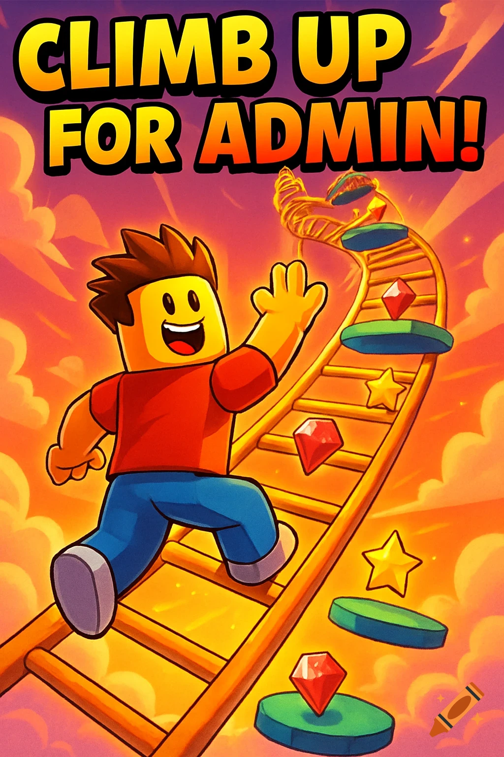 Happy Roblox-style character climbing an endless golden ladder with ...