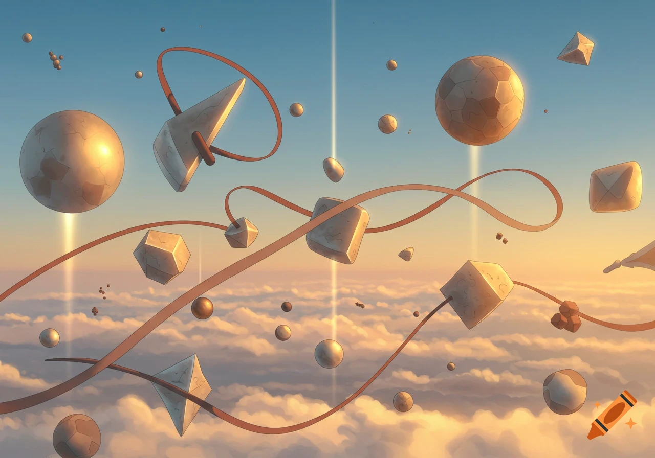 Geometric shapes, spheres, and ribbons float above clouds in a blue and ...