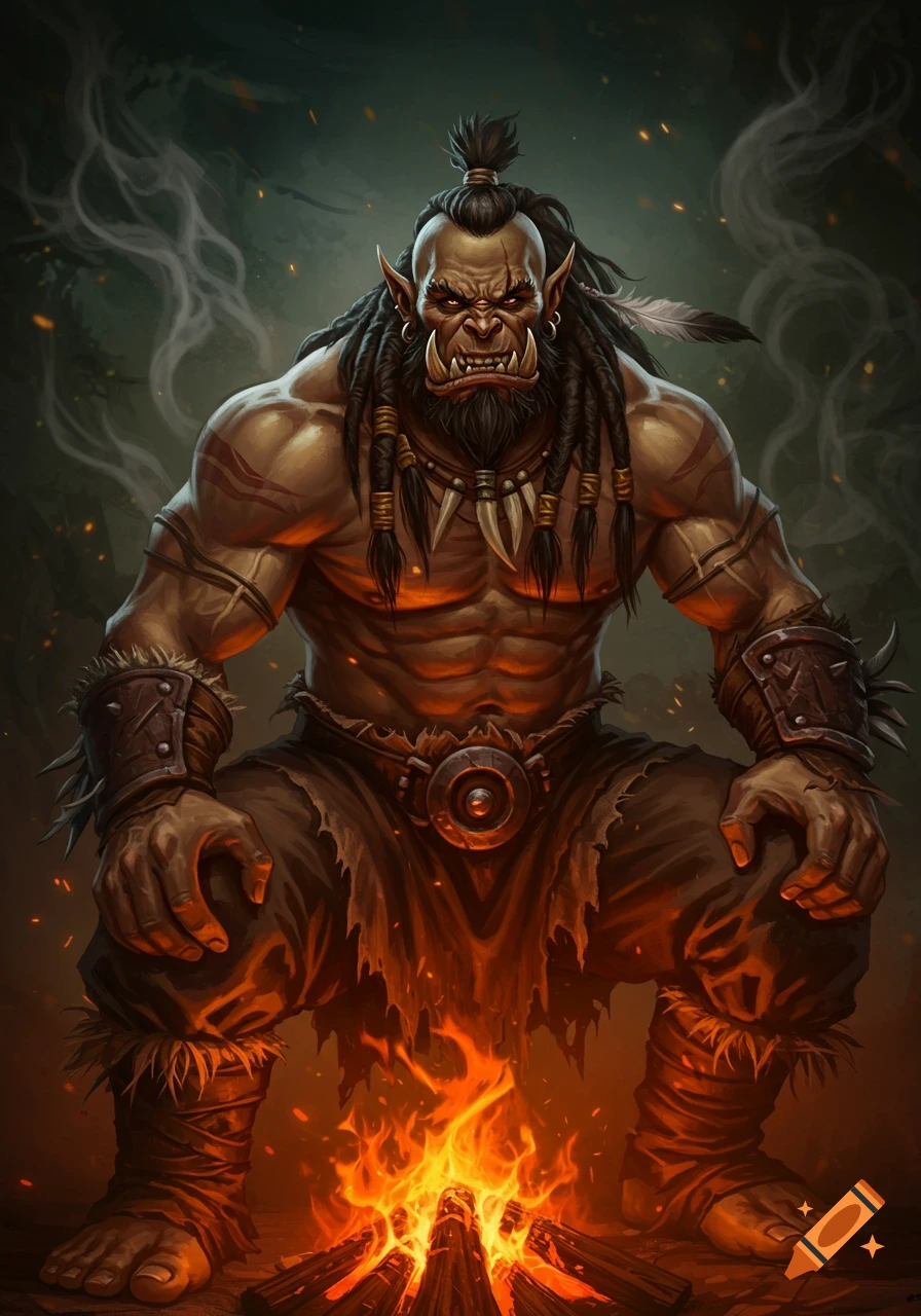 Muscular orc with long dreads, big teeth, and a mohawk crouches by a ...