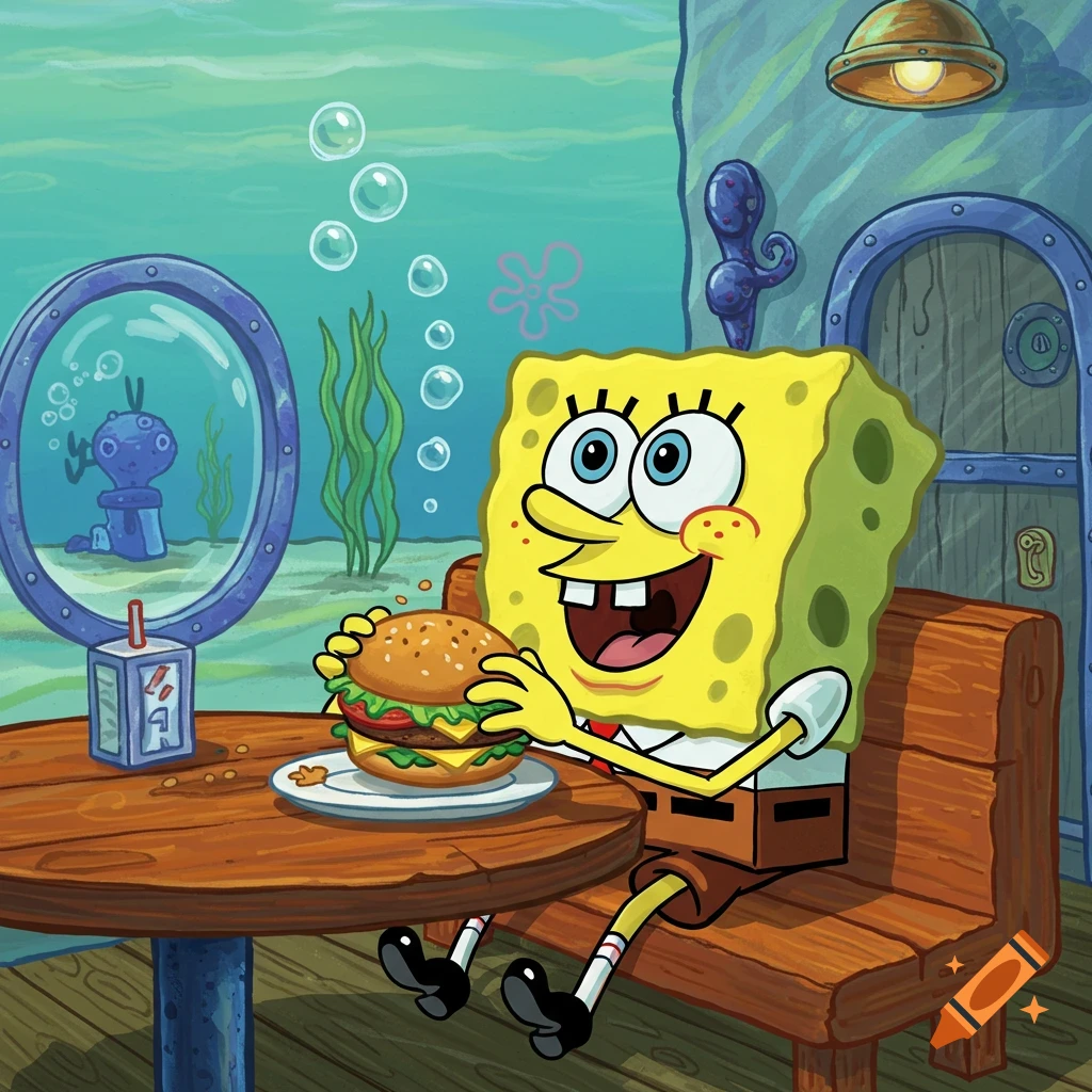 Spongebob Squarepants happily eating a burger at a wooden table in an ...