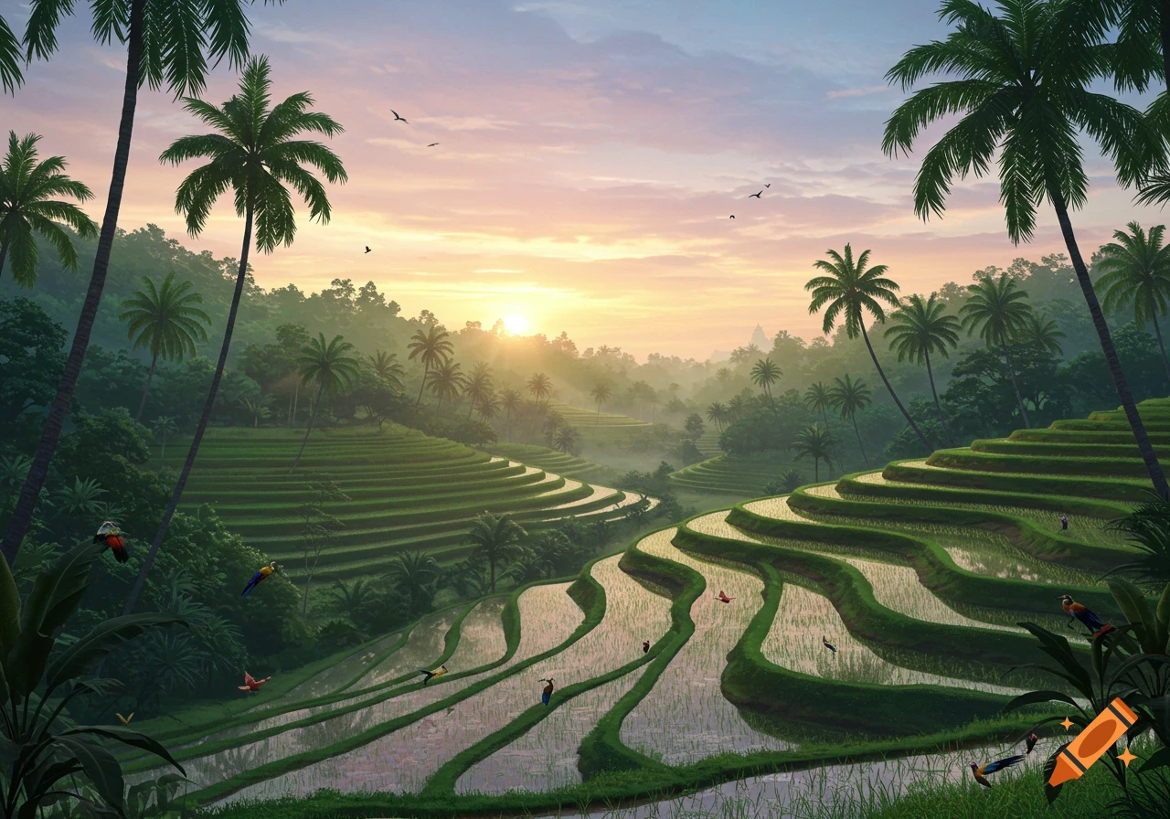 Lush green terraced rice fields filled with water reflect a vibrant ...