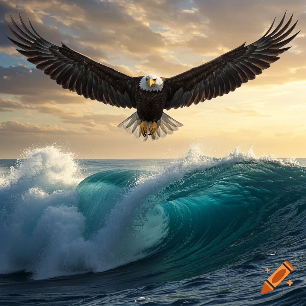 A majestic bald eagle soars with outstretched wings over a powerful ...