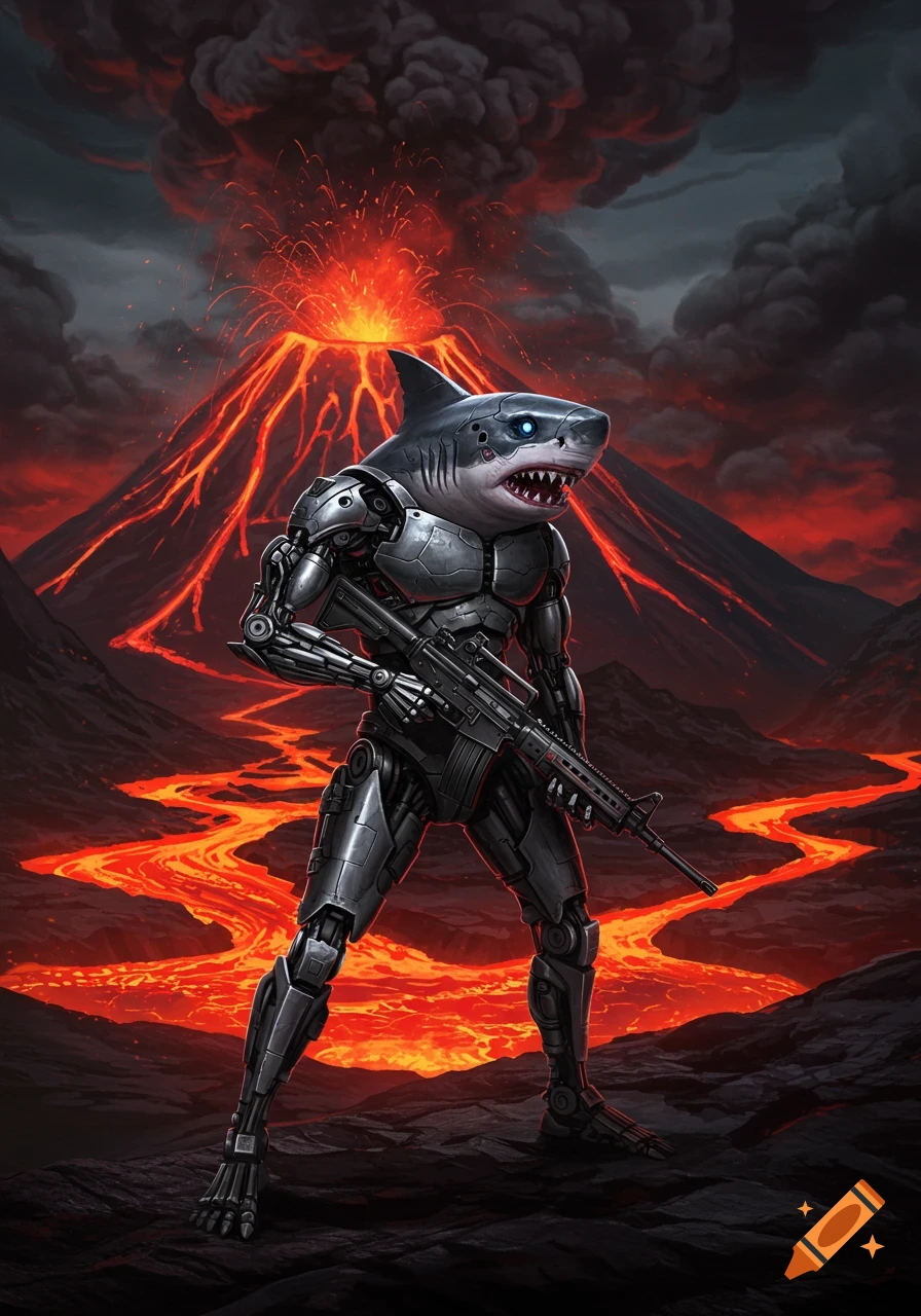 A robotic shark holding an assault rifle stands before an erupting ...