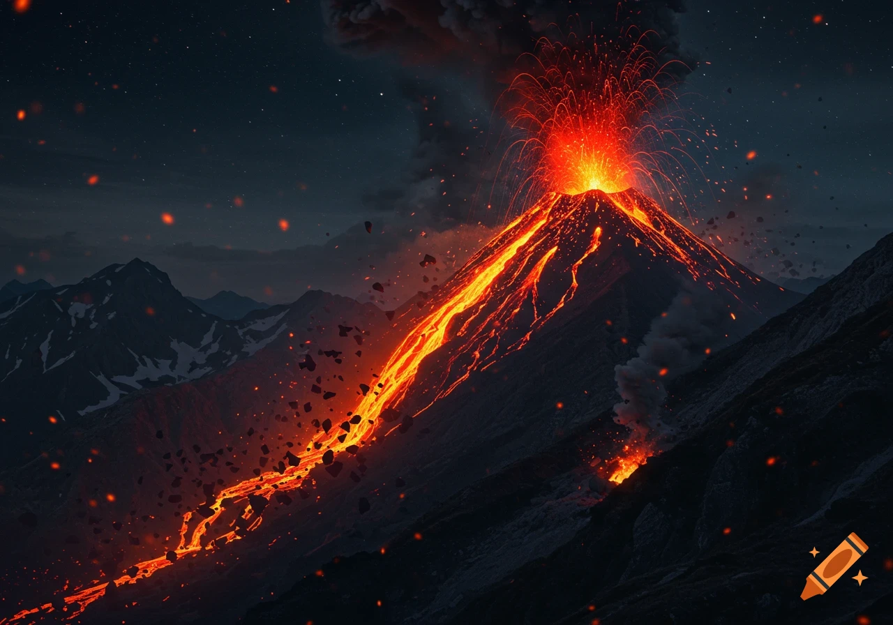 A dramatic photorealistic scene of a volcano erupting at night, with ...