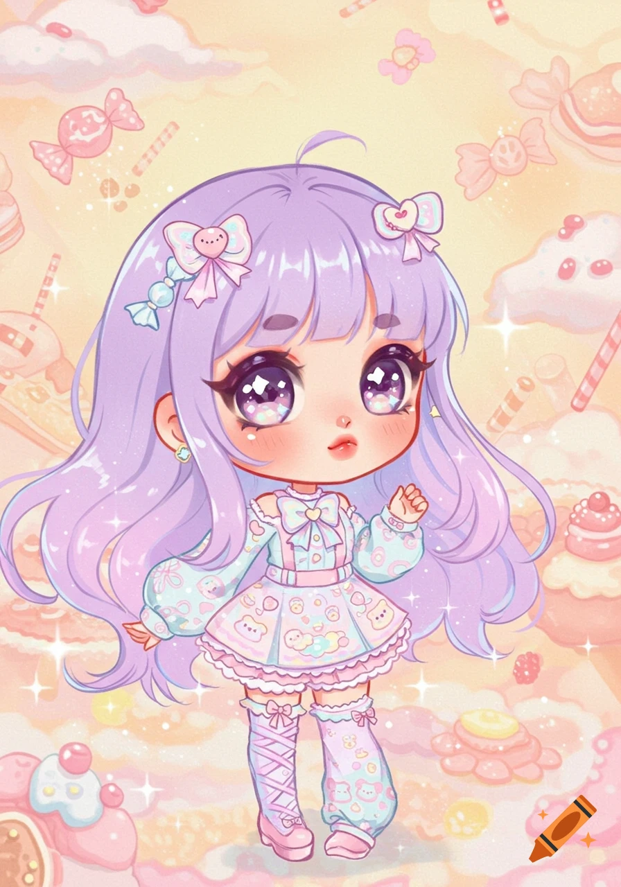 A cute chibi girl with long purple hair and big sparkly eyes, wearing a ...