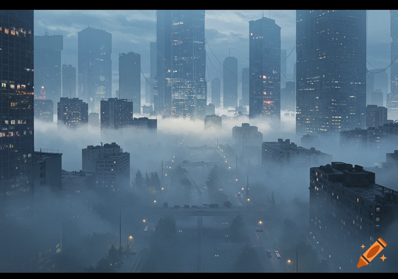 An atmospheric, wide-angle view of a foggy cityscape with numerous tall ...