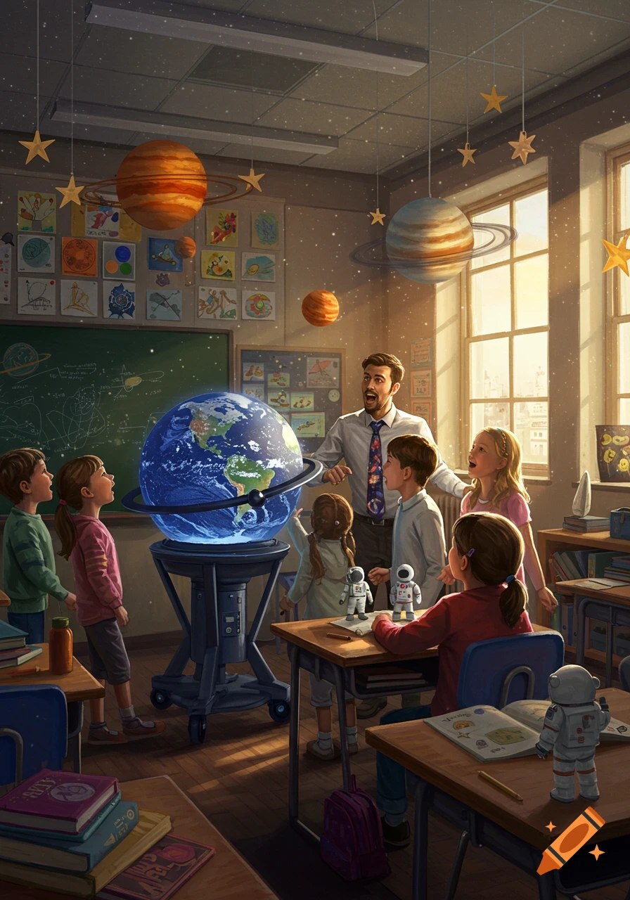 A vibrant classroom scene where a teacher teaches children about ...