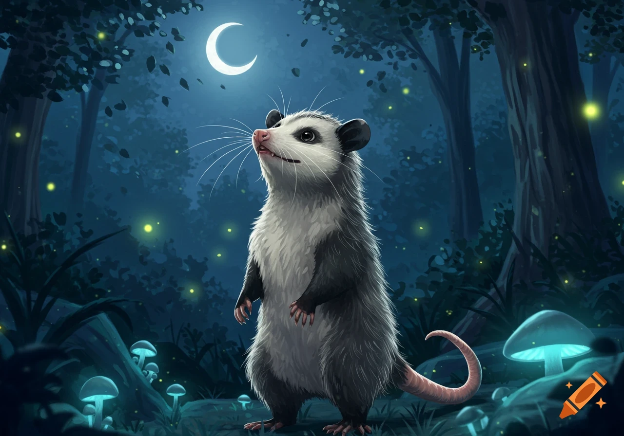 A cute opossum stands on its hind legs looking up at a crescent moon in ...
