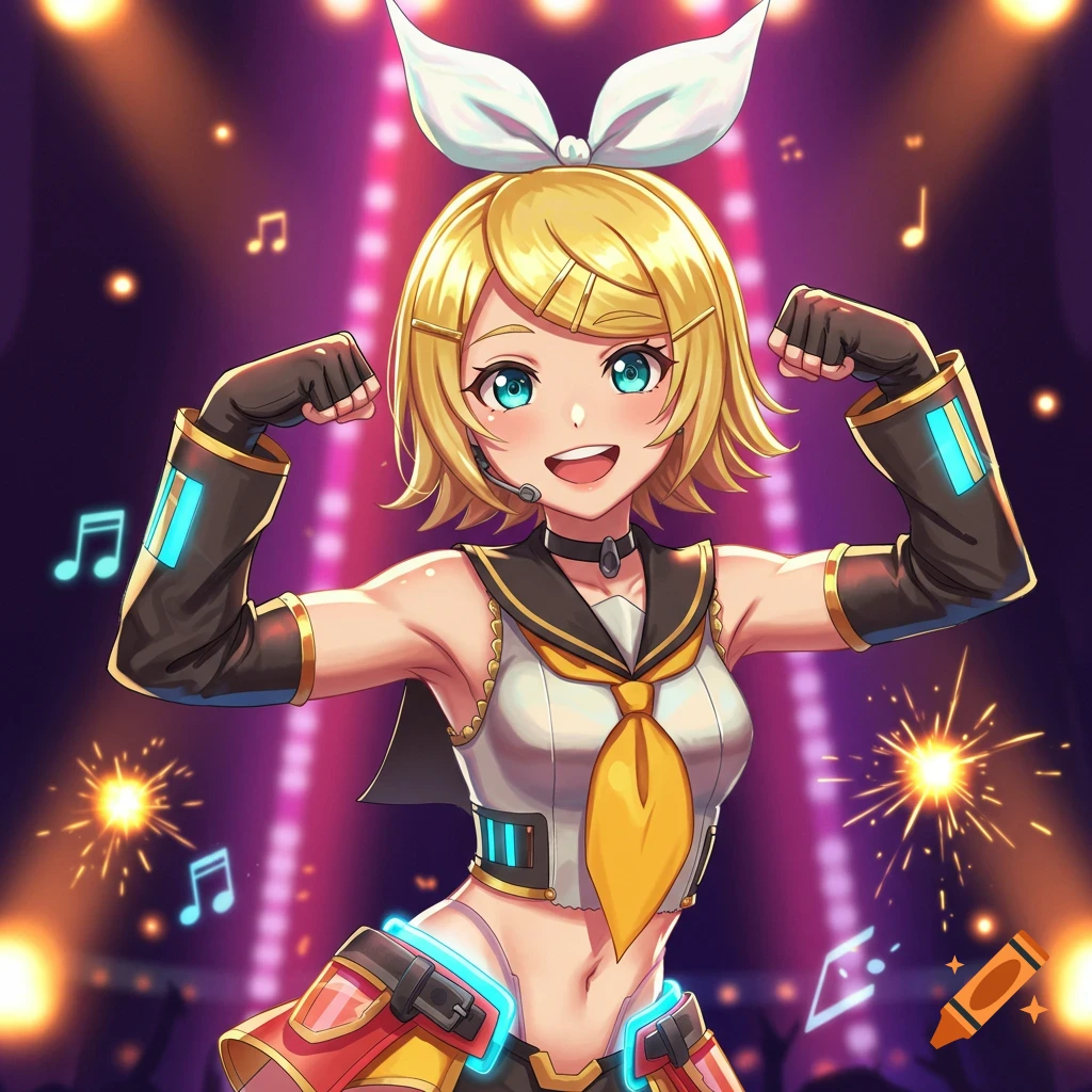 Anime character Kagamine Rin on stage, flexing biceps under purple and ...