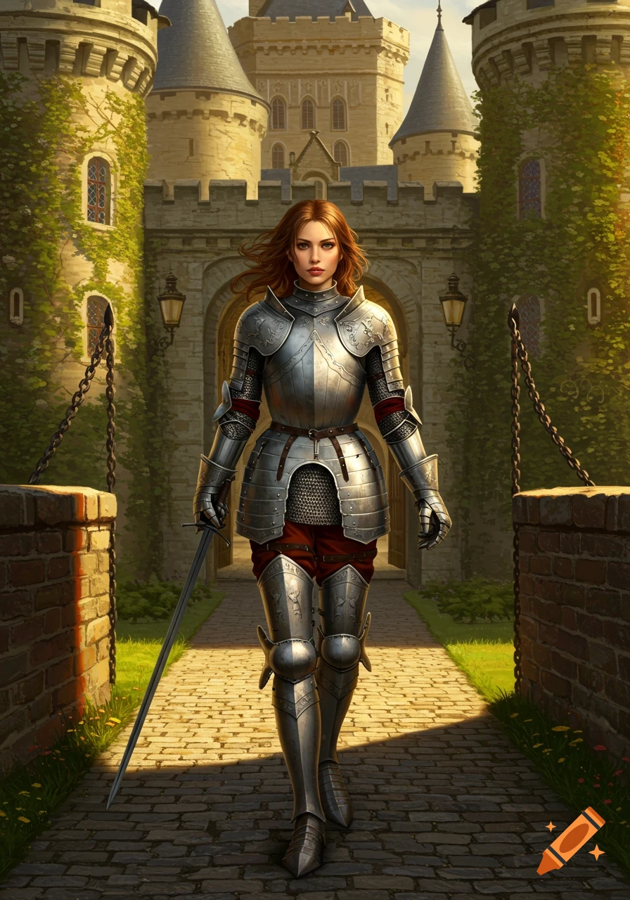 A woman in shining medieval armor walks on a cobblestone path, holding ...