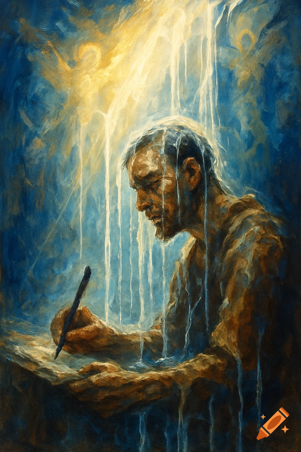 Painterly abstract image of a man writing under golden light and blue ...