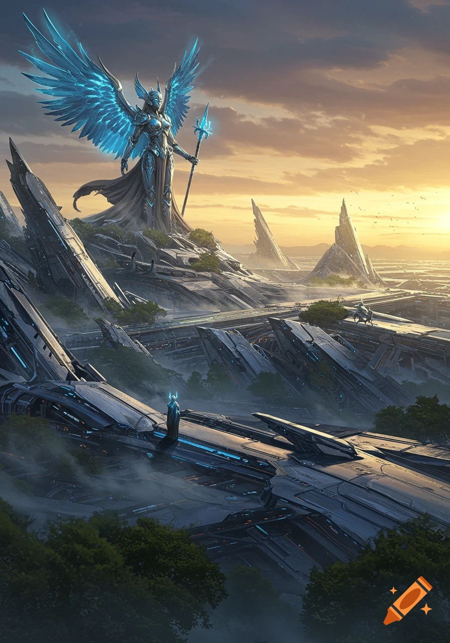 A majestic winged valkyrie in armored attire stands on a steel hill ...