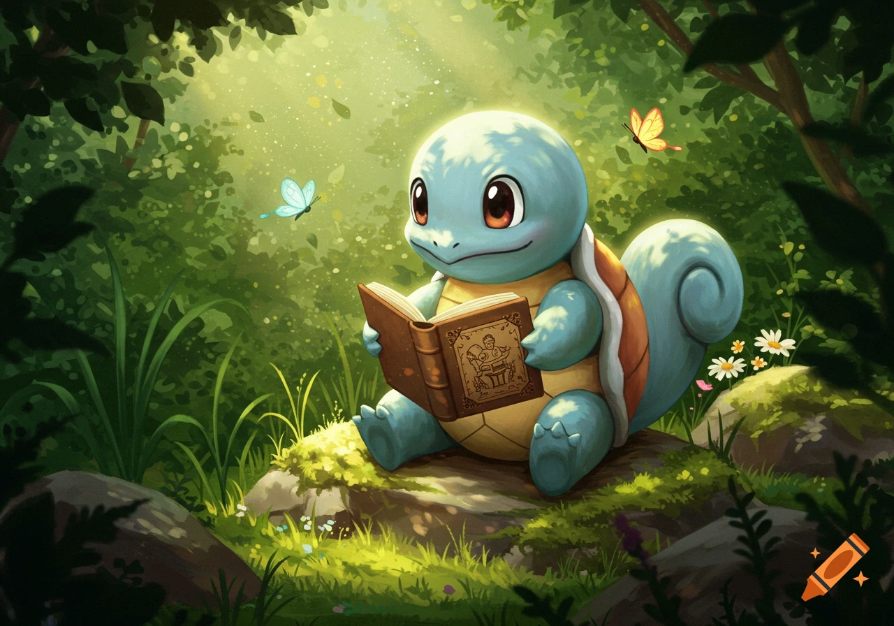 A blue Squirtle Pokémon sits in a sunlit forest, reading a book while ...