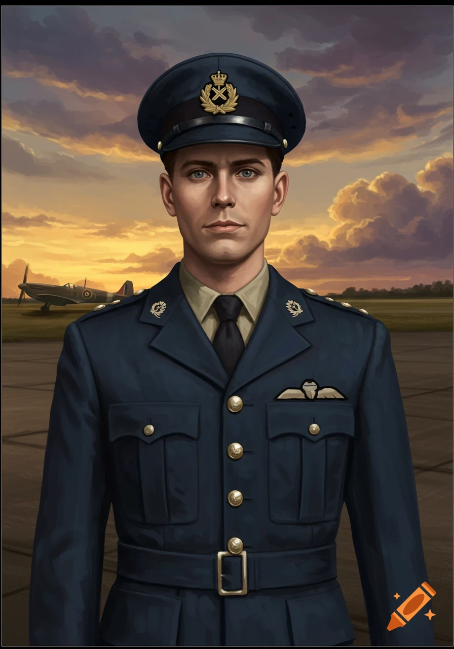 An illustrated portrait of a young male RAF Flight Lieutenant in a blue ...