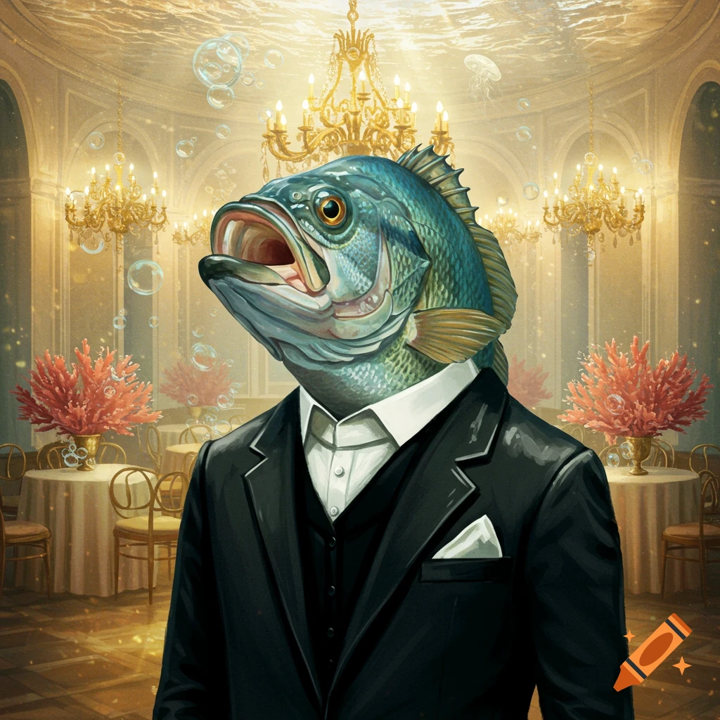 A fish head on a human body wearing a black suit stands in an opulent ...