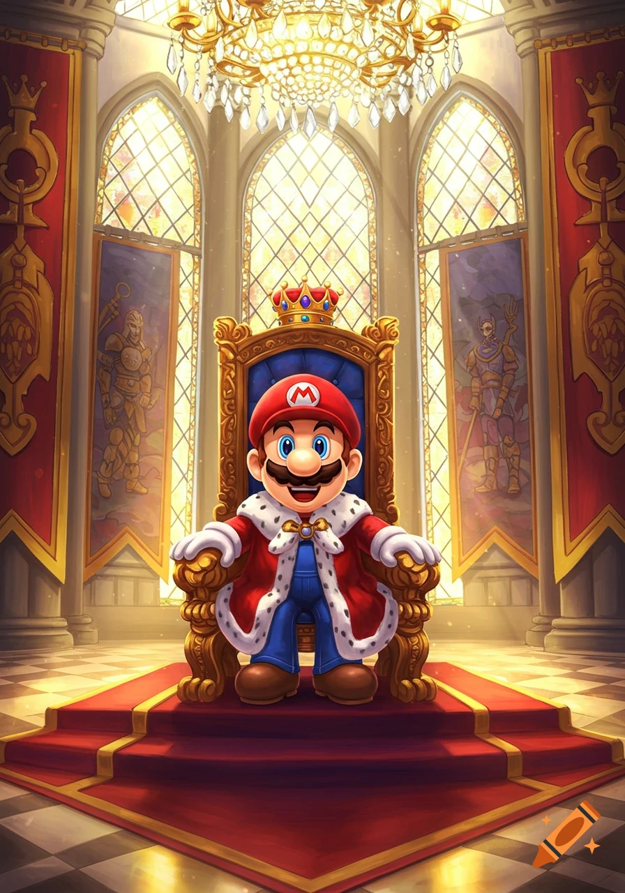 Cartoon Mario as a king, wearing a red robe and crown, seated on an ...