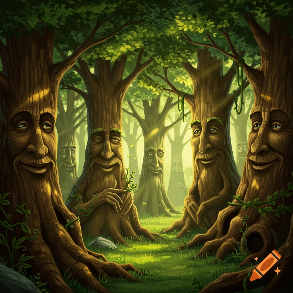 Smiling trees with faces in a vibrant, sun-dappled forest clearing ...