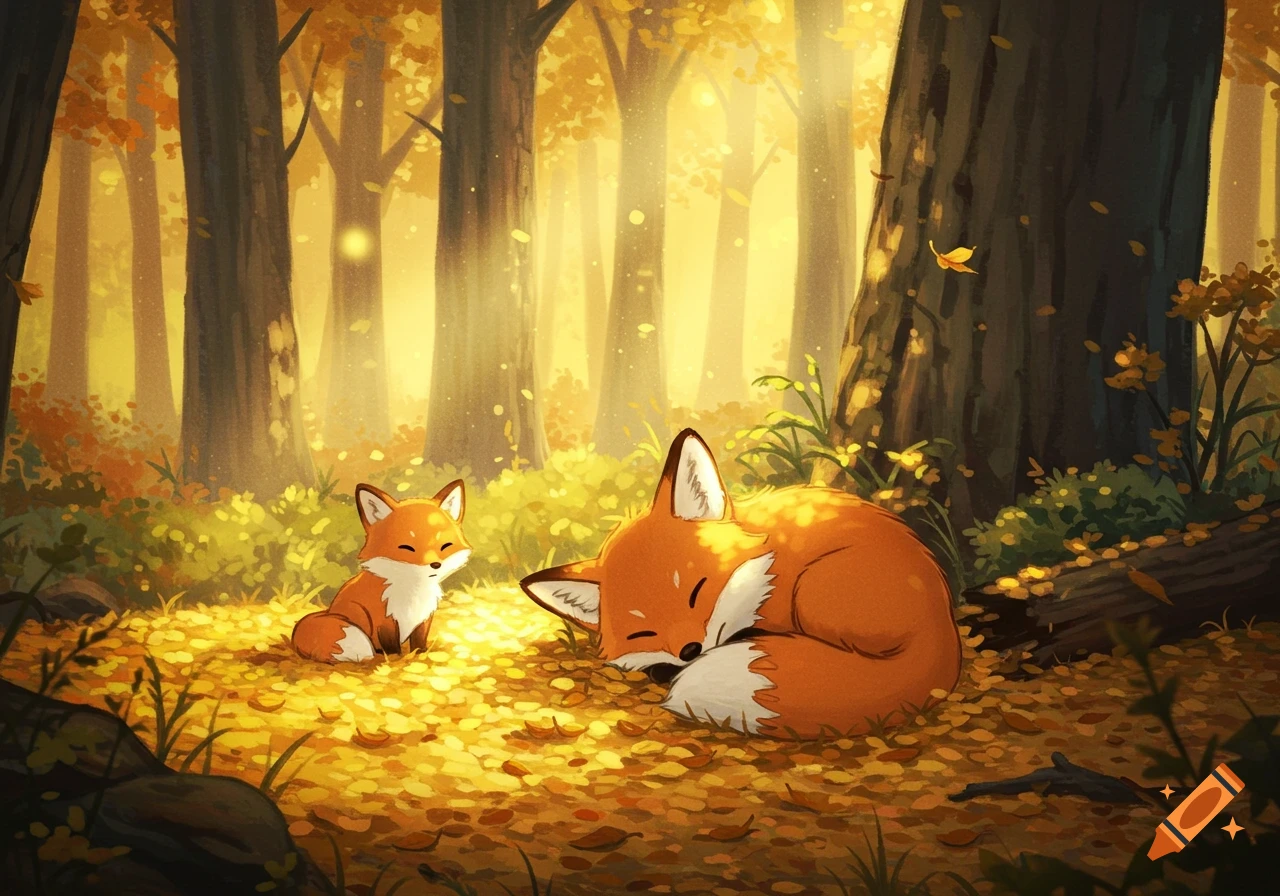 A sleeping fox and a smaller awake fox in a golden autumn forest ...