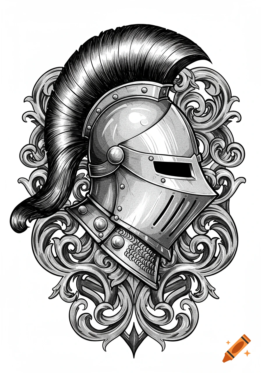 A monochrome illustration of a morion helmet with a horsehair plume ...