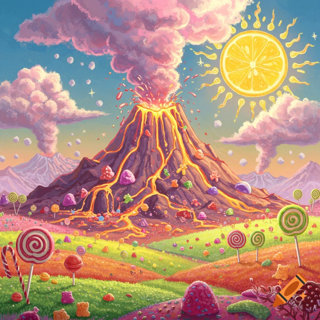 A whimsical, colorful landscape featuring a volcano erupting with candy ...
