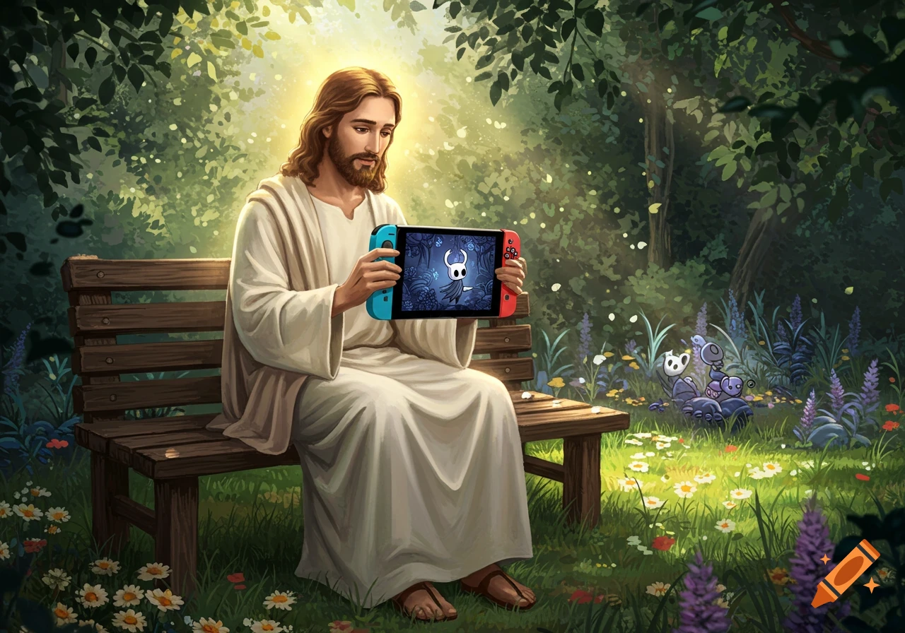 Jesus sits on a wooden bench in a vibrant forest, playing Hollow Knight ...