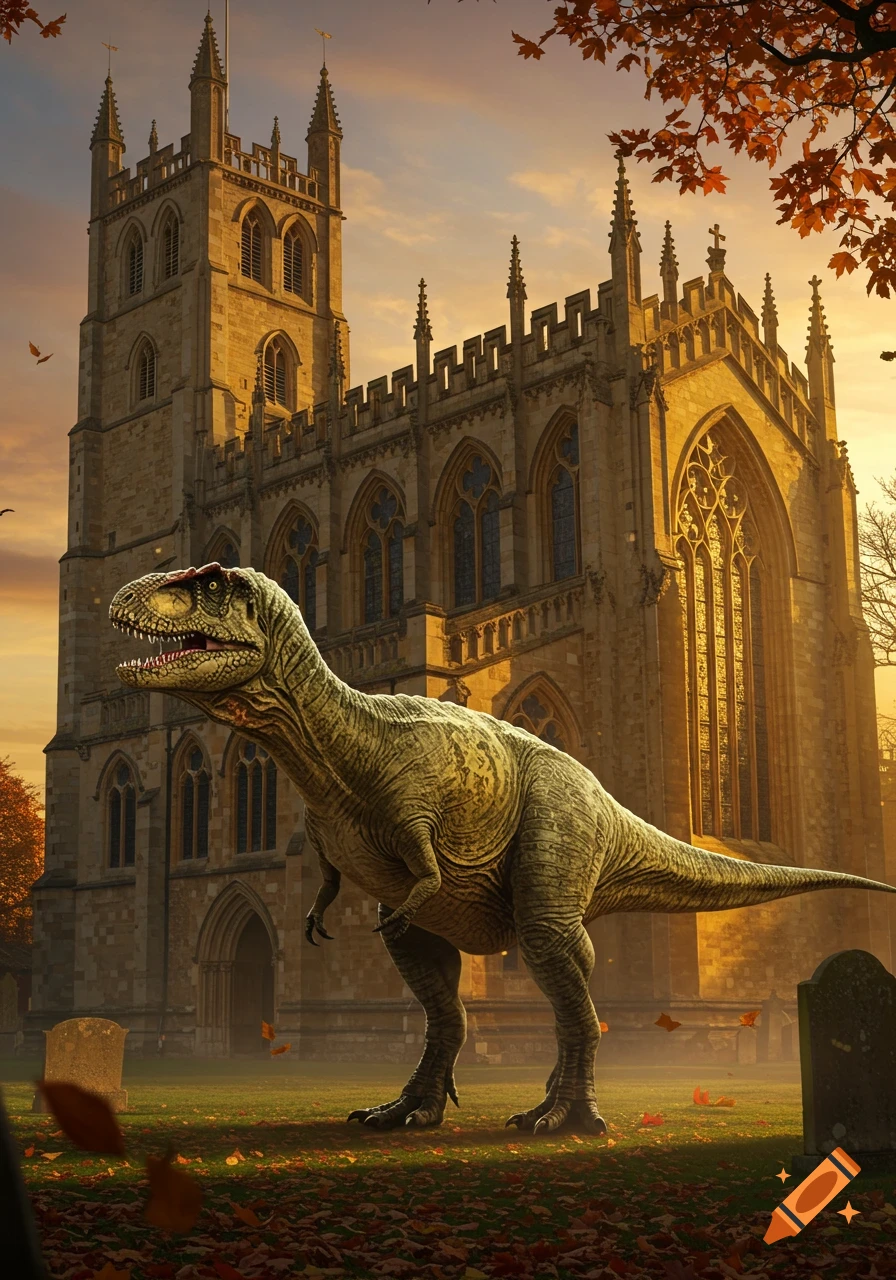 A large green Tyrannosaurus Rex stands on grassy ground covered in ...