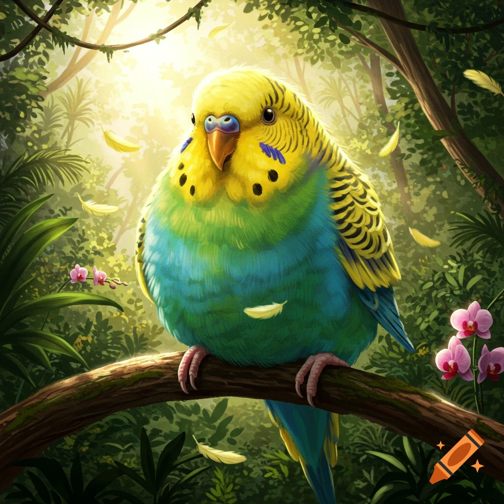 An illustrated, very fat yellow and blue budgie sits on a branch in a ...